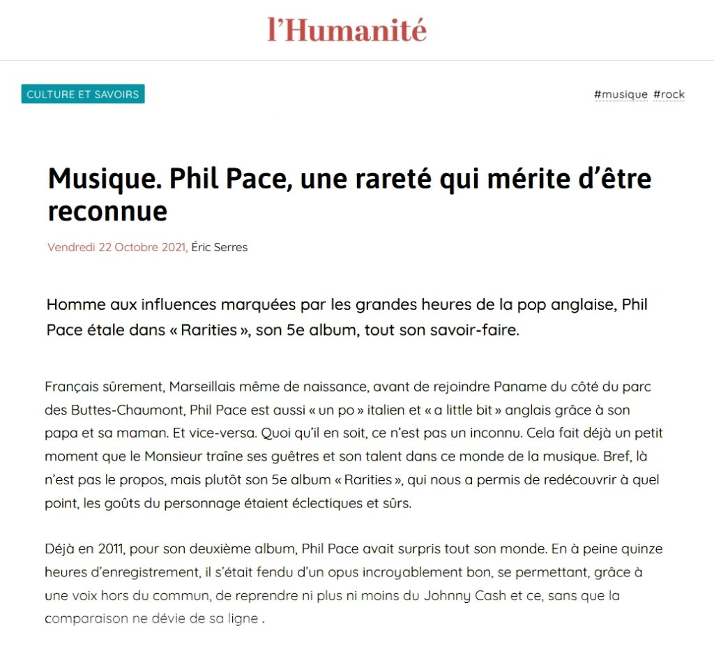CHRONIQUE DE RARITIES DANS L’HUMANITÉ — Phil Pace